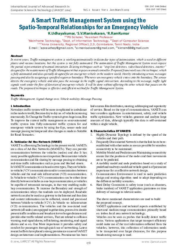 (PDF) A Smart Traffic Management System using the Spatio-Temporal Relationships for an Emergency ...