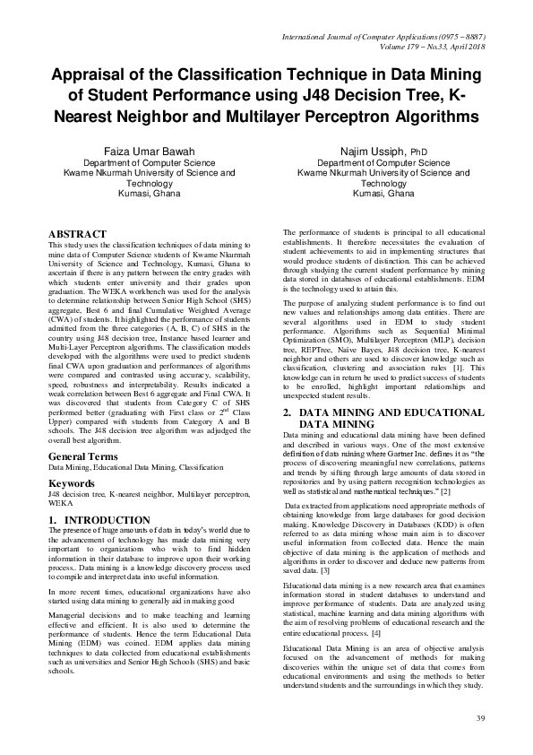 (PDF) Appraisal of the Classification Technique in Data Mining of Student Performance using J48 ...
