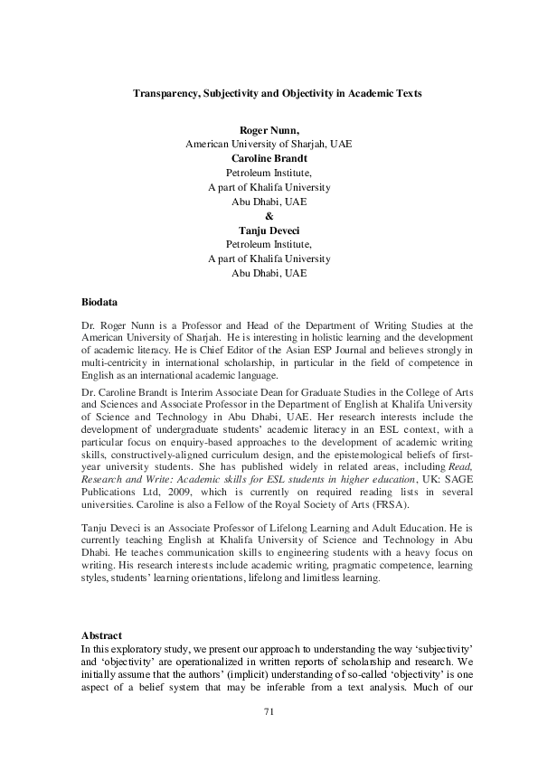 (DOC) Transparency, Subjectivity and Objectivity in Academic Texts ...