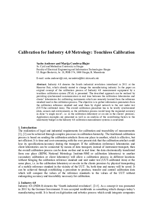 (PDF) Calibration for Industry 4.0 Metrology: Touchless Calibration