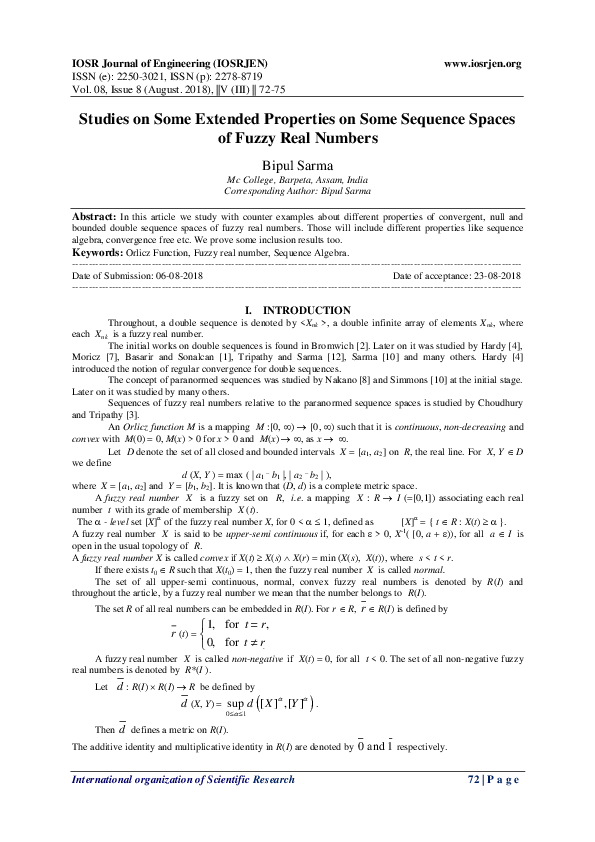 (PDF) Studies on Some Extended Properties on Some Sequence Spaces of Fuzzy Real Numbers | IOSR ...