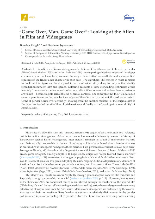 (PDF) " Game Over, Man. Game Over " : Looking at the Alien in Film and ...