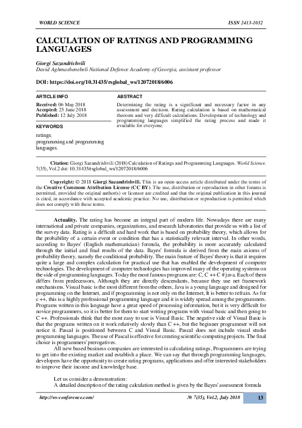 (PDF) CALCULATION OF RATINGS AND PROGRAMMING LANGUAGES | RS Global ...