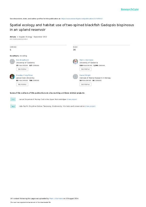 (PDF) Spatial ecology and habitat use of two-spined blackfish Gadopsis ...