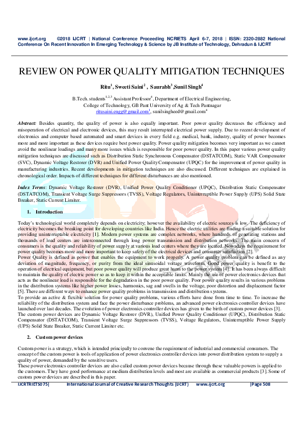 (PDF) REVIEW ON POWER QUALITY MITIGATION TECHNIQUES