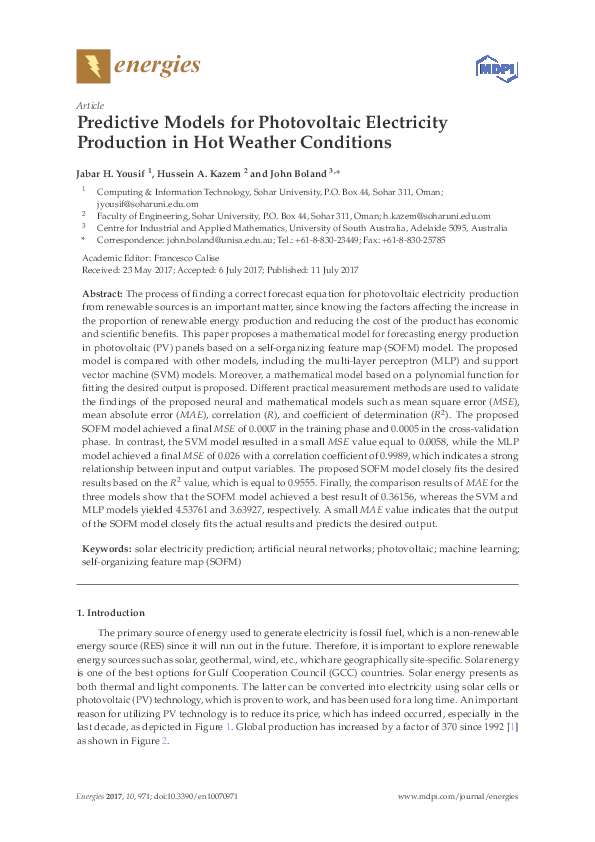 (PDF) Predictive Models for Photovoltaic Electricity Production in Hot ...