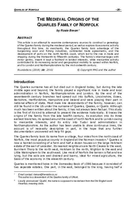 (PDF) THE MEDIEVAL ORIGINS OF THE QUARLES FAMILY OF NORFOLK