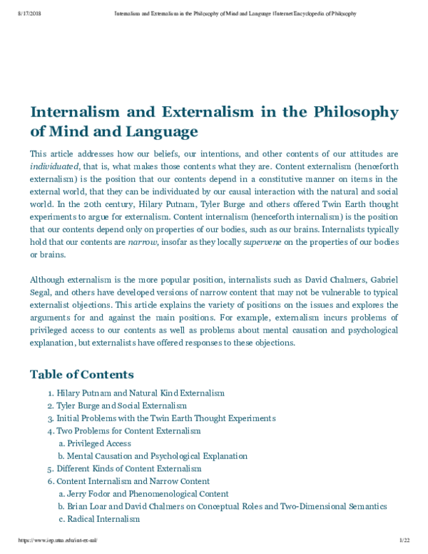 (PDF) Internalism and Externalism in the Philosophy of Mind and Language
