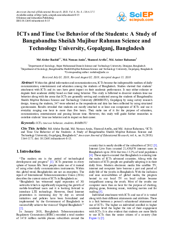 (PDF) ICTs and Time Use Behavior of the Students: A Study of Bangabandhu Sheikh Mujibur Rahman ...