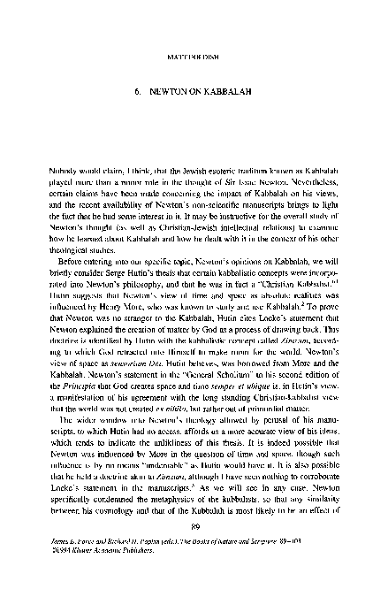 (PDF) Matt Goldish, “Newton on Kabbalah,” in James E. Force and Richard ...