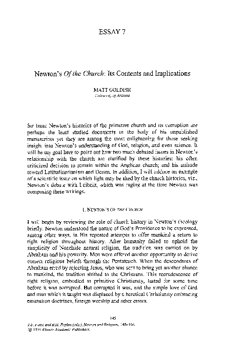 (PDF) Matt Goldish, “Sir Isaac Newton’s Of the Church: Its Contents and ...