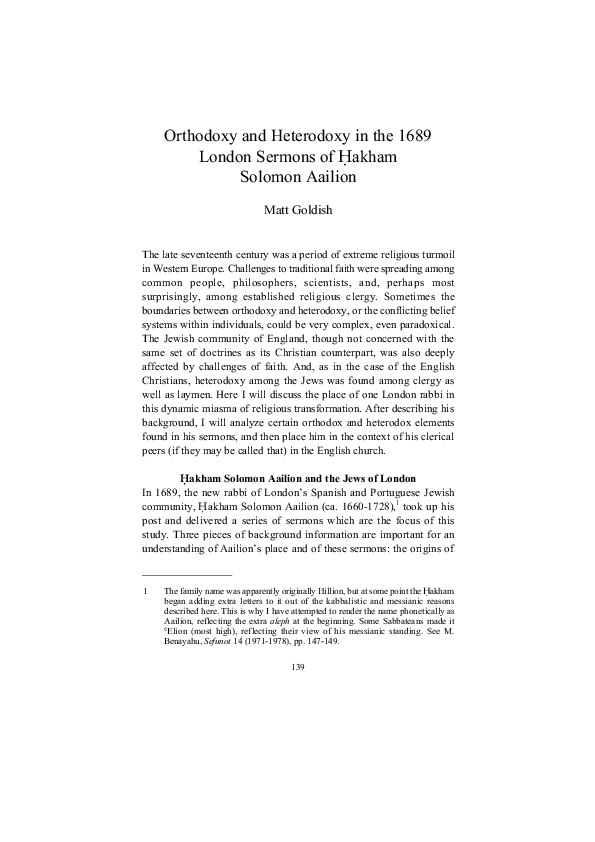 (PDF) Orthodoxy and Heterodoxy in Aailion's Sermons