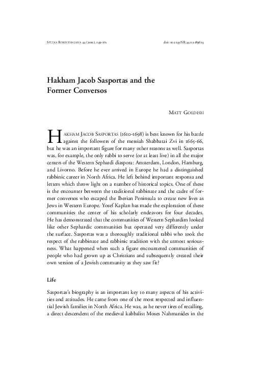 (PDF) Matt Goldish, “Hakham Jacob Sasportas and the Former Conversos ...