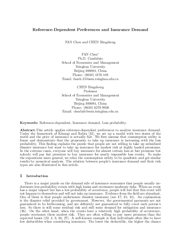 (PDF) Reference-Dependent Preferences and Insurance Demand