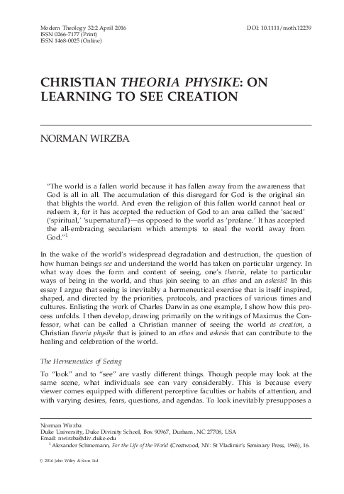 (PDF) CHRISTIAN THEORIA PHYSIKE: ON LEARNING TO SEE CREATION