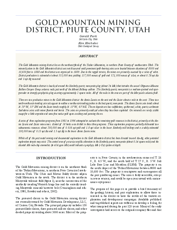 (PDF) GOLD MOUNTAIN MINING DISTRICT, PIUTE COUNTY, UTAH
