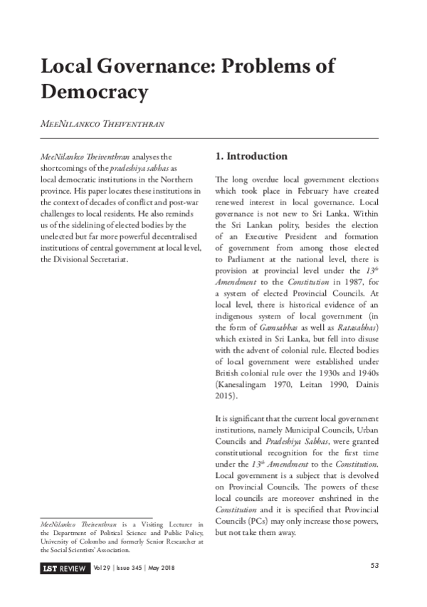 (PDF) Local Governance: Problems of Democracy