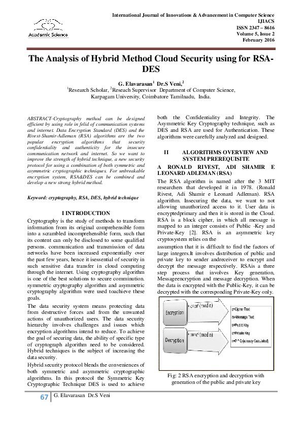 Pdf The Analysis Of Hybrid Method Cloud Security Using For Rsa Des