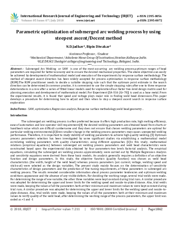 (PDF) IRJET- Parametric optimization of submerged arc welding process by using steepest ascent ...