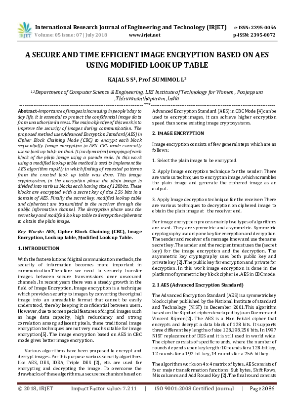 (PDF) IRJET- A SECURE AND TIME EFFICIENT IMAGE ENCRYPTION BASED ON AES USING MODIFIED LOOK UP TABLE