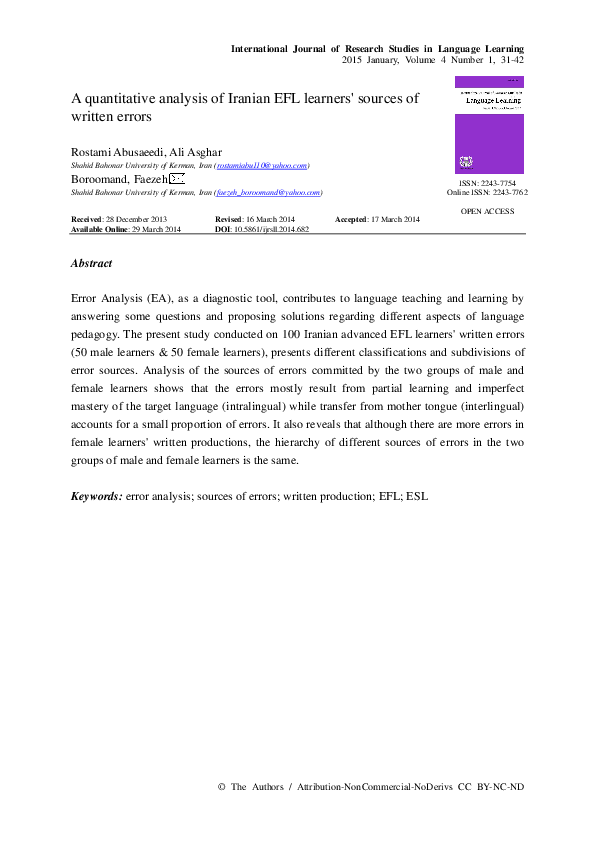 (PDF) A quantitative analysis of Iranian EFL learners' sources of written errors