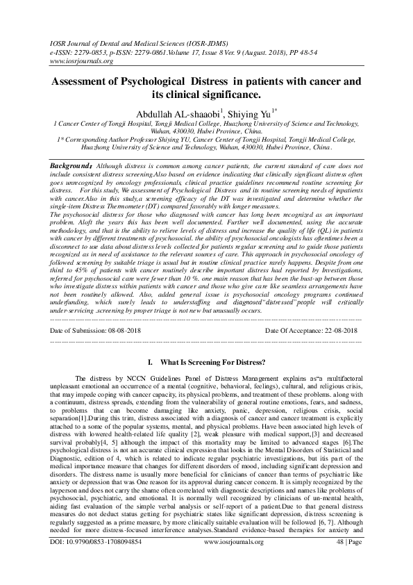 (PDF) Assessment of Psychological Distress in patients with cancer and ...