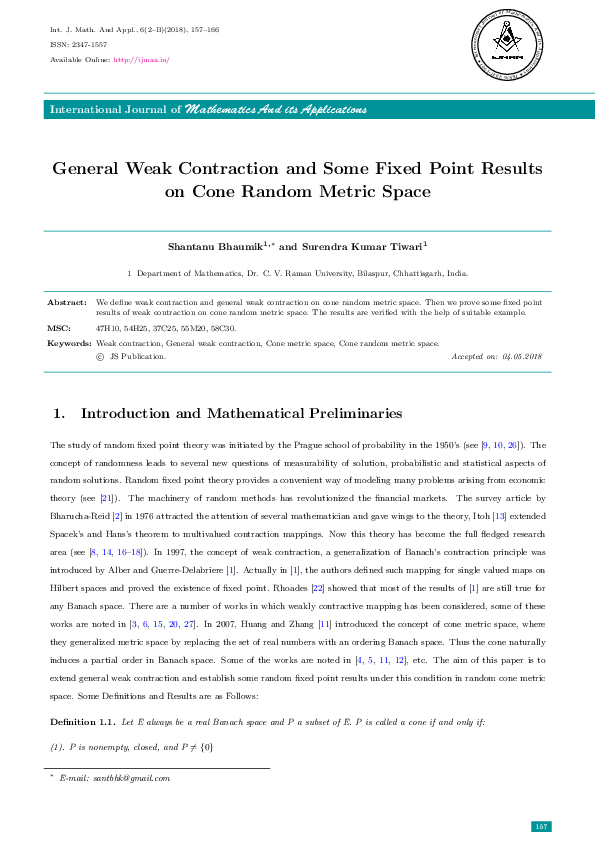 Pdf General Weak Contraction And Some Fixed Point Results On Cone Random Metric Space Dr 