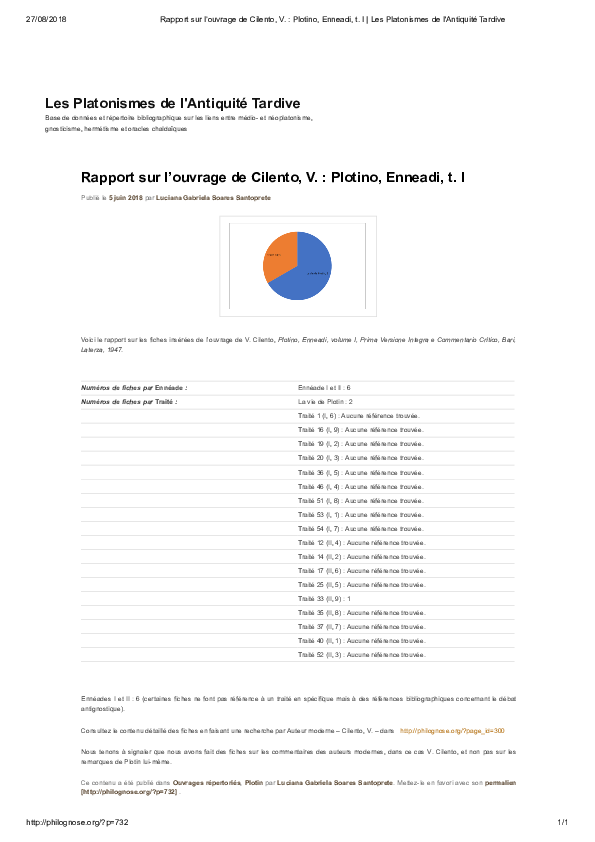(PDF) Base de données PAT - Rapport sur l’ouvrage de Cilento, V. : Plotino, Enneadi, vol. I