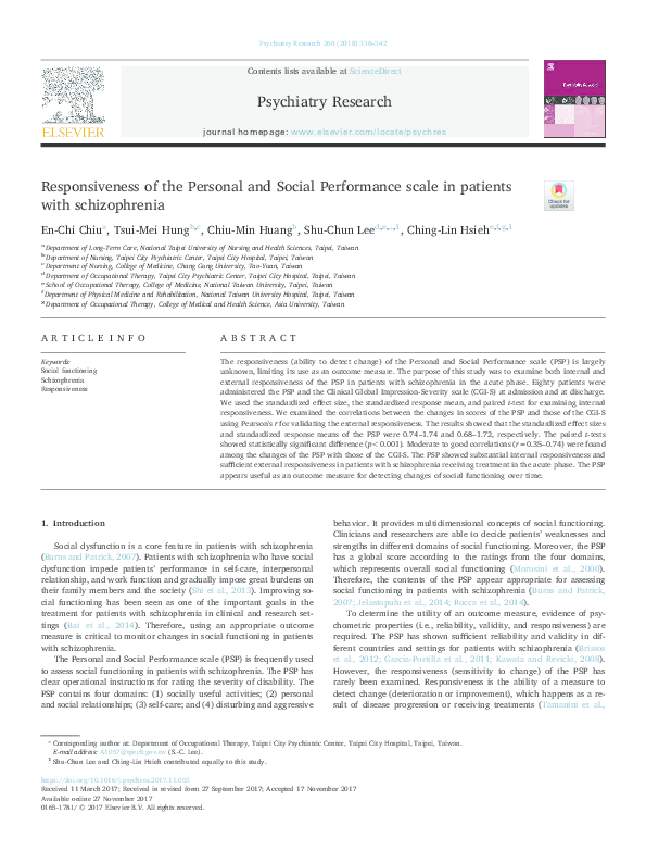 (PDF) Responsiveness of the Personal and Social Performance scale in ...