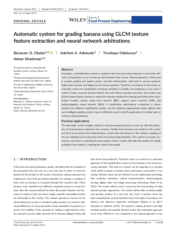 Pdf Automatic System For Grading Banana Using Glcm Texture Feature Extraction And Neural
