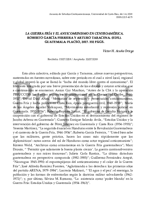 (PDF) Reseña de Victor Hugo Acuña a La guerra fría y el anticomunismo, Anuario de Estudios ...
