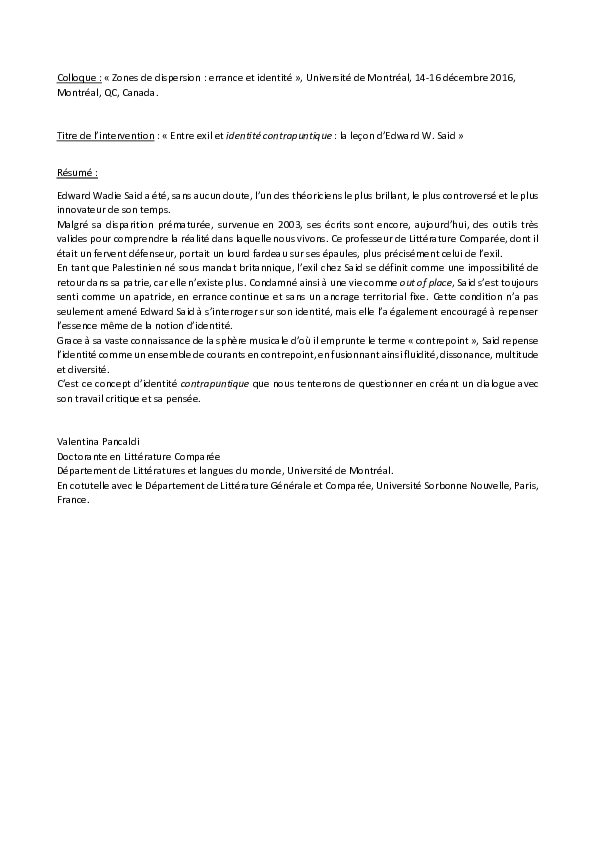 (PDF) "Entre exil et identité contrapuntique : la leçon d’Edward Wadie ...