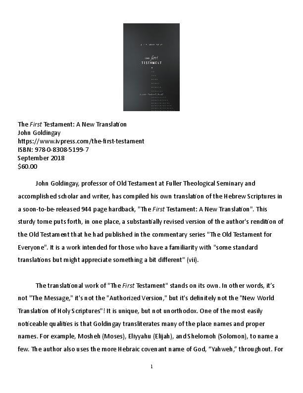 (DOC) "The First Testament" by John Goldingay. A Review