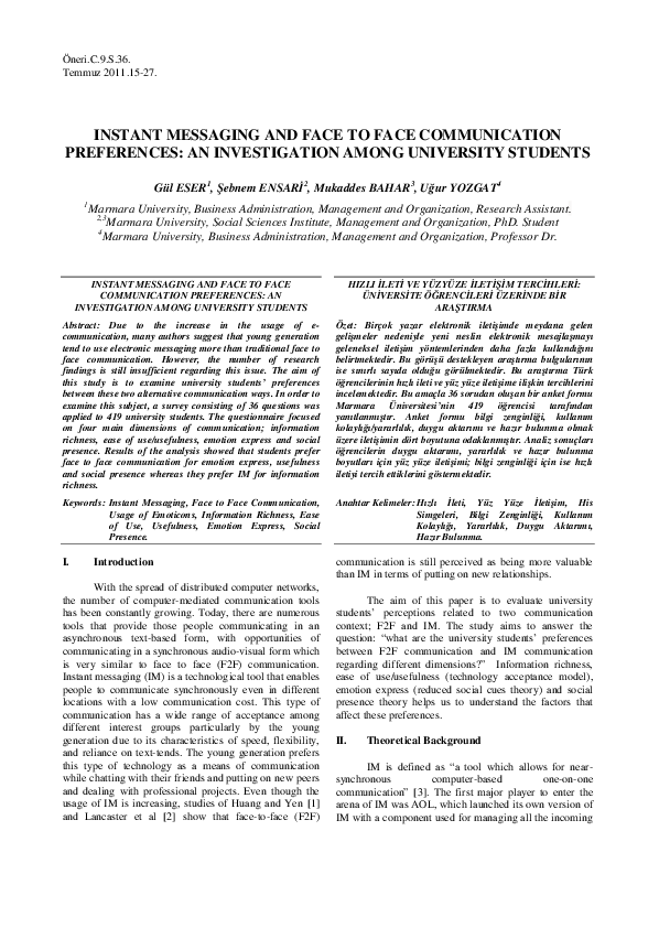 (PDF) INSTANT MESSAGING AND FACE TO FACE COMMUNICATION PREFERENCES: AN ...