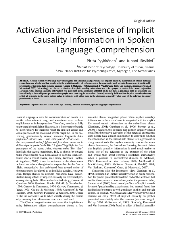 Pdf Activation And Persistence Of Implicit Causality Information In