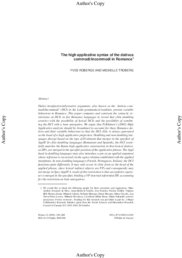 (PDF) The high applicative syntax of the dativus commodi/incommodi in ...