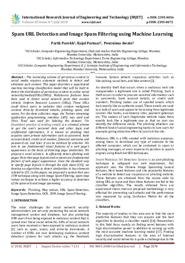 (PDF) IRJET- Spam URL Detection and Image Spam Filtering using Machine Learning