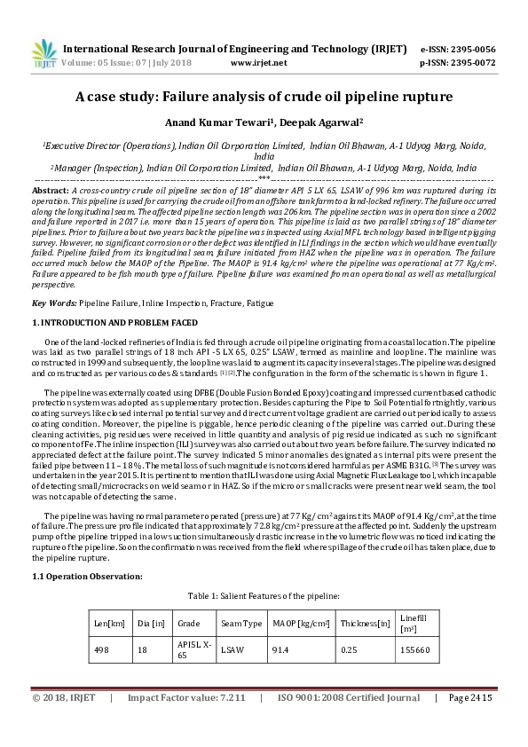 (PDF) IRJET- A case study: Failure analysis of crude oil pipeline rupture