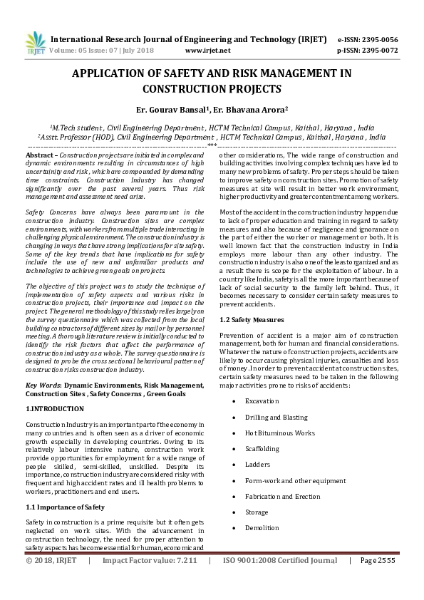 (PDF) IRJET- APPLICATION OF SAFETY AND RISK MANAGEMENT IN CONSTRUCTION ...