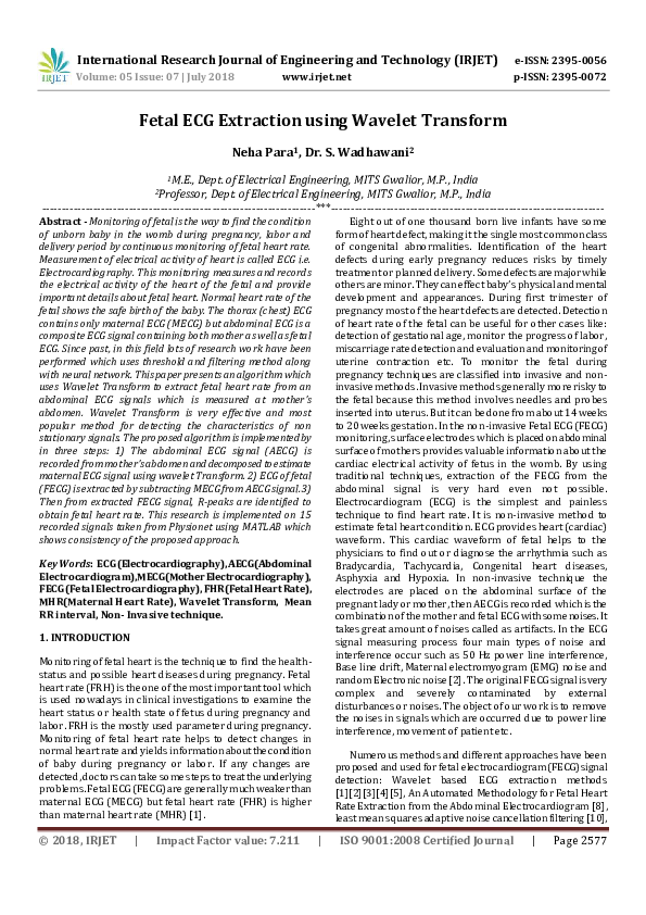 Pdf Irjet Fetal Ecg Extraction Using Wavelet Transform