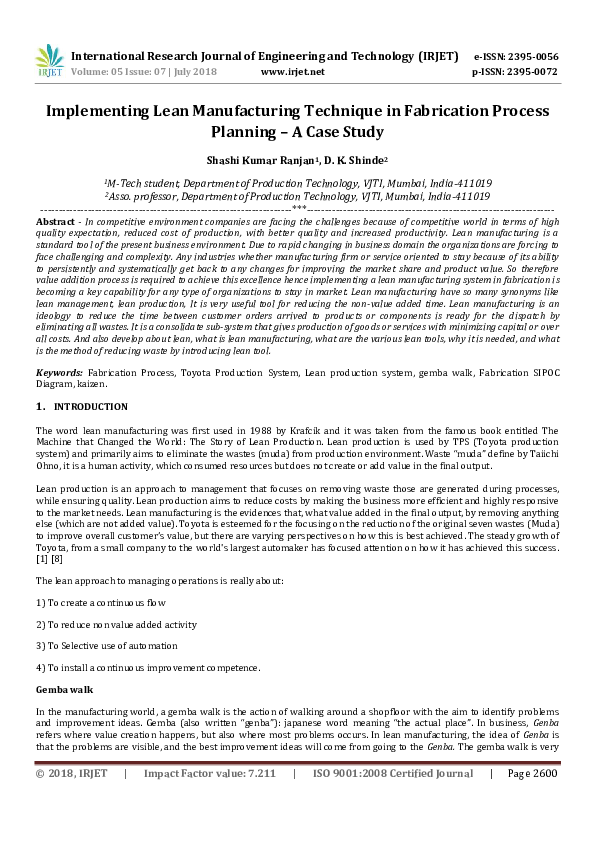 (PDF) IRJET- Implementing Lean Manufacturing Technique in Fabrication Process Planning – A Case ...