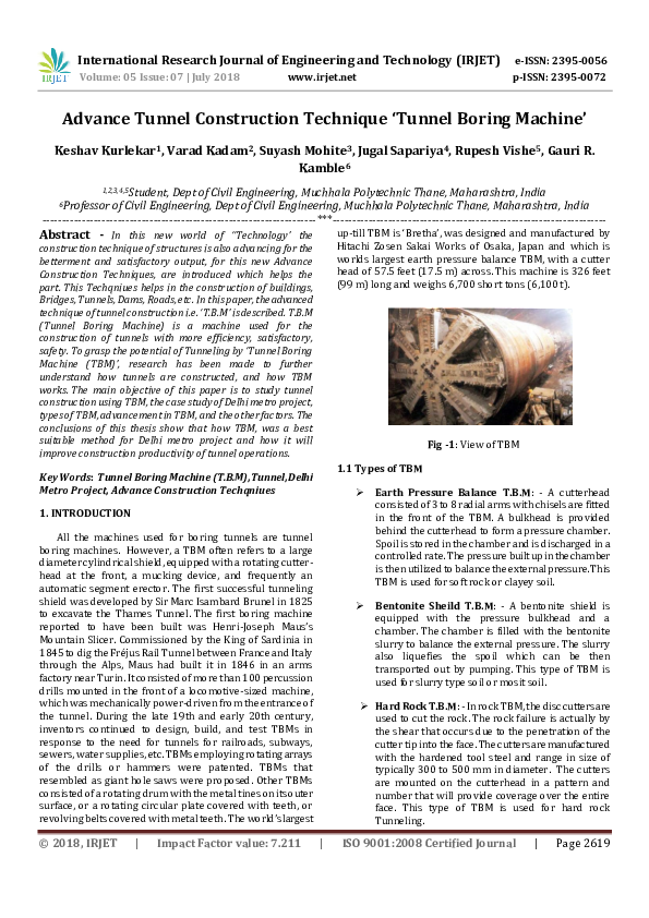 Pdf Irjet Advance Tunnel Construction Technique Tunnel Boring Machine
