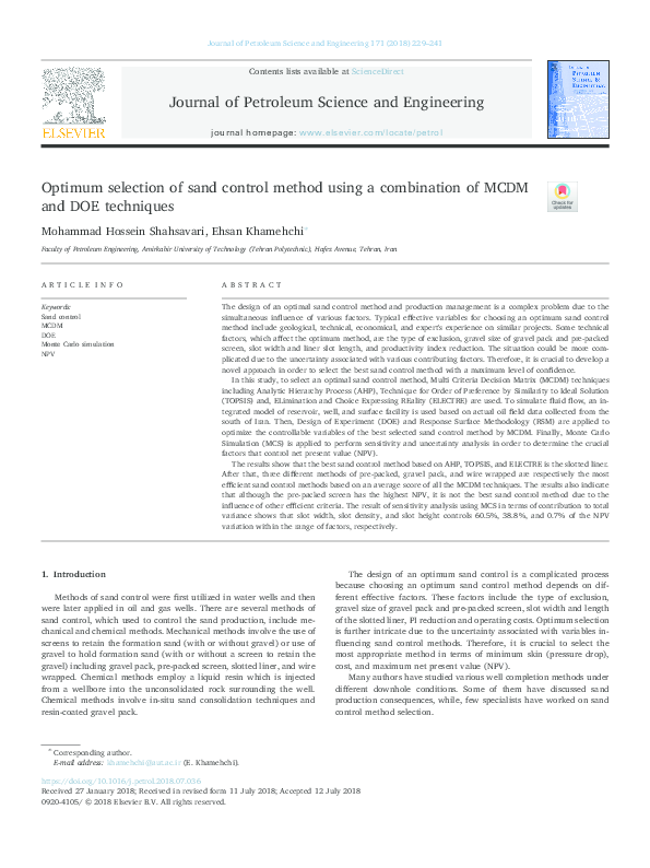 Pdf Optimum Selection Of Sand Control Method Using A Combination Of Mcdm And Doe Techniques
