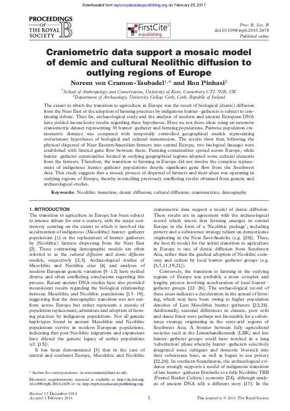 (PDF) Craniometric data support a mosaic model of demic and cultural ...