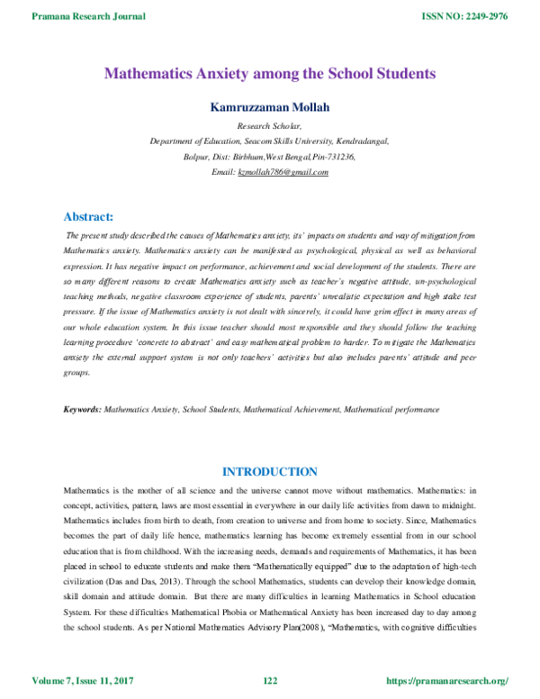(PDF) Mathematics Anxiety among the School Students