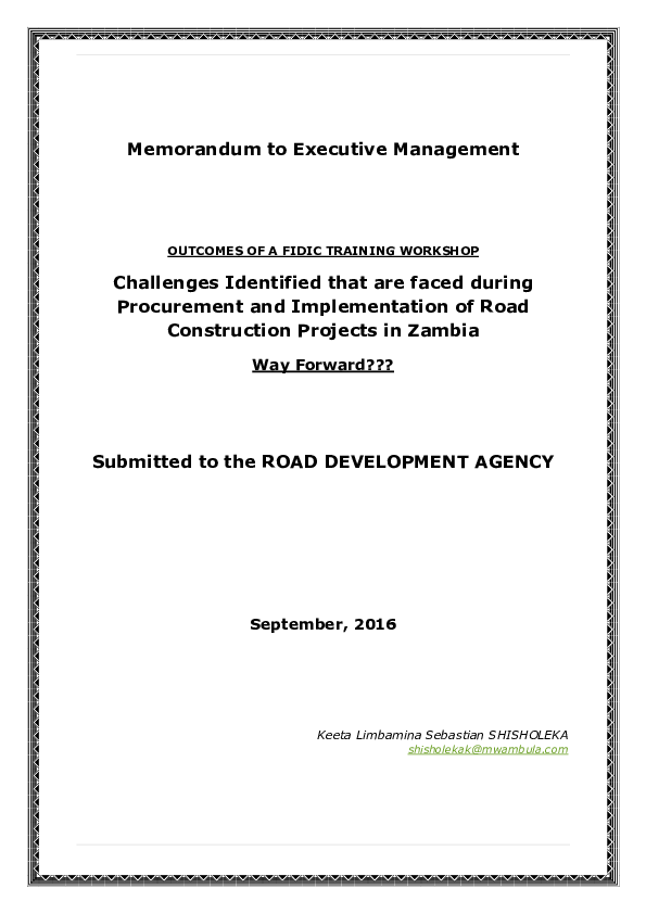 (PDF) Memorandum to Executive Management OUTCOMES OF A FIDIC TRAINING ...