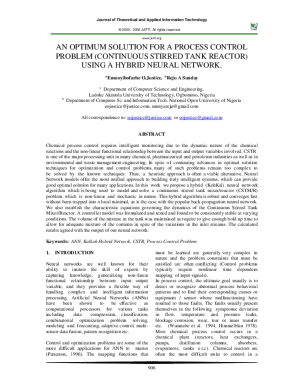 Pdf An Optimum Solution For A Process Control Problem Continuous
