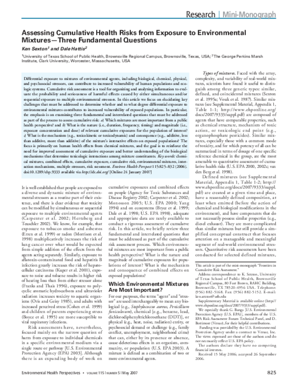 (PDF) Assessing Cumulative Health Risks from Exposure to Environmental ...