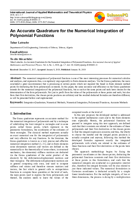 Pdf An Accurate Quadrature For The Numerical Integration Of