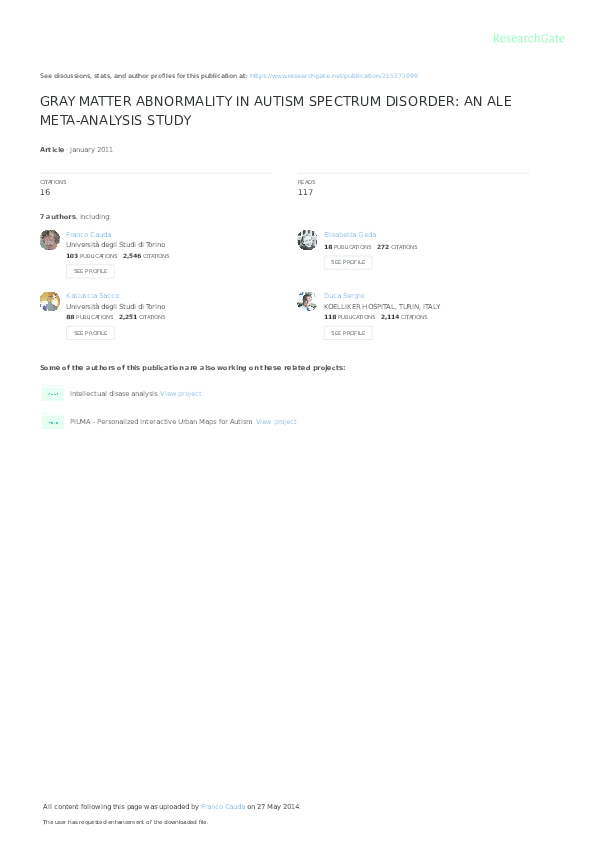 (PDF) Gray Matter Abnormality in Autism Spectrum Disorder: An Ale Meta-Analysis Study